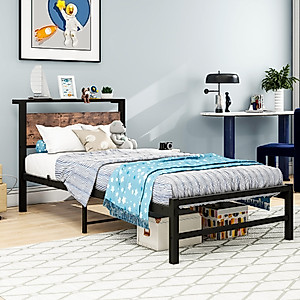 VERFARM Twin Bed Frame with Shelf Storage Wood Headboard, Strong Steel Slat Support, Heavy Duty Metal Platform Single Bed Frames No Box Spring Needed, Easy Assembly, Non-Slip Without Noise