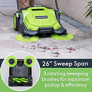 GreenSweep - Walk Behind Manual Push Floor Sweeper - 5 Gallon Capacity - Easy Storage - Outdoor Use - Additonal Heavy Duty Brush Set