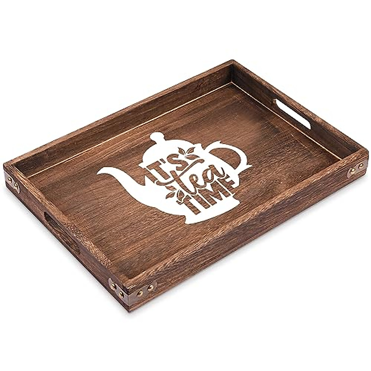 It's Tea Time - Rectangle Wooden Coffee Serving Tray with Handles, Funny Rustic Farmhouse Foods Tray Coffee Table Tray Home Kitchen Decorative for Christmas Birthday Tea Lovers Gifts