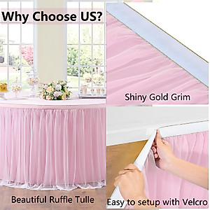 108in Baby Pink Tulle Table Skirts for Rectangle Tables 6ft 8ft 4ft, 2-Layer 9 ft Long Gold Grim Princess Pink Ruffle Tulle Tutu Table Skirt Cloth for Girl Birthday Baby Cake Dessert(No Table Cover)