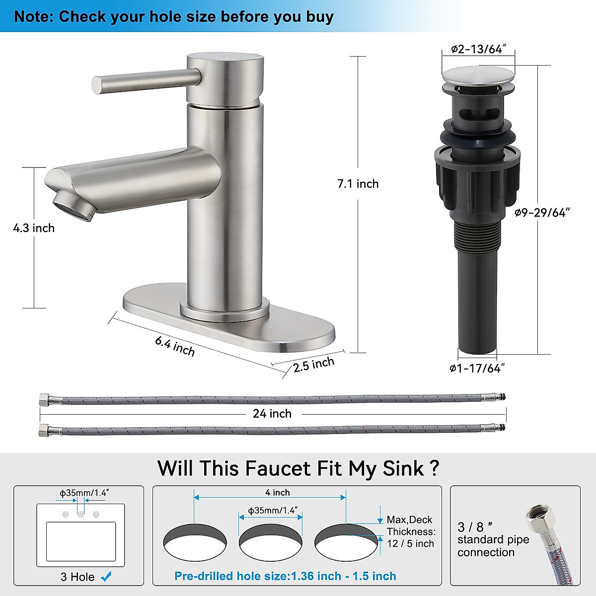 KPWATER Bathroom Faucets with Pop Up Drain, Stainless Steel Single Handle Bathroom Sink Faucets with Water Faucet Supply Lines for Bathroom Farmhouse RV Vanity(Brushed Nickel)