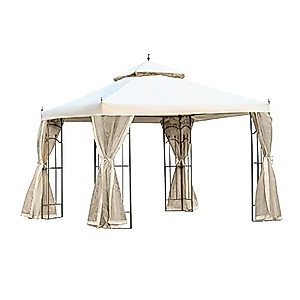 Outsunny 10' x 10' Patio Gazebo with Corner Frame Shelves, Double Roof Outdoor Gazebo Canopy Shelter with Netting, for Patio, Wedding, Catering & Events, Cream White