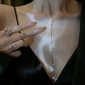 Jumwrit Dainty Chain Choker Necklace Rhinestone Teardrop Necklace Long Tiny Chain Necklace Silver Y Necklace Minimalist Necklace for Women Girls