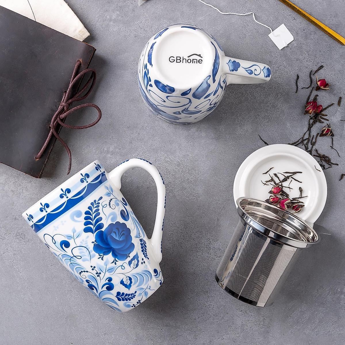 GBHOME Tea Mug with Infuser and Lid, 18 Ounce large Ceramic Loose Leaf Tea Cup,Microwave, Dishwasher Safe Tea Steeping Mug,Pefect Gift For Tea Lover