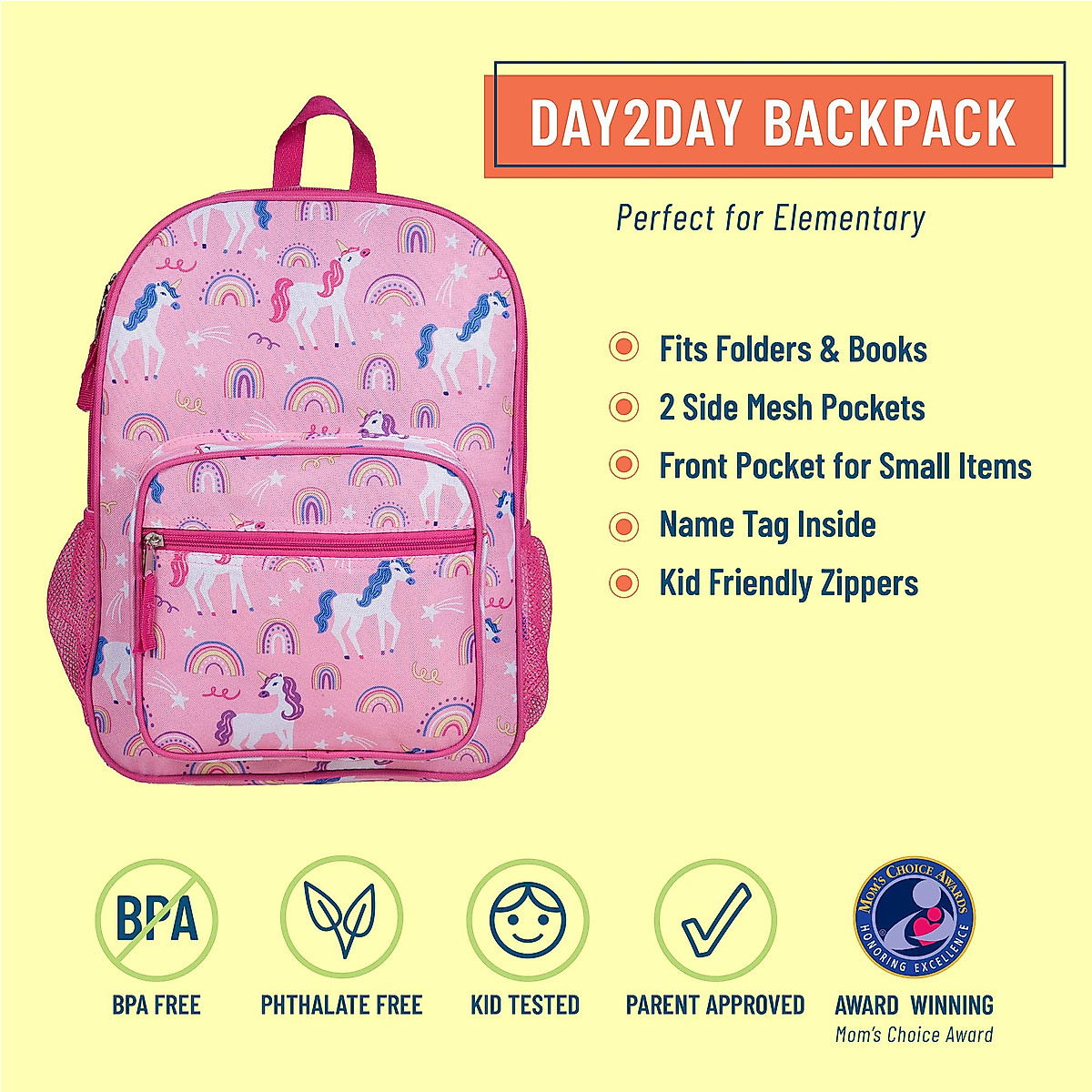 Wildkin Day2Day Kids Backpack for Boys and Girls, Perfect for Elementary Backpack for Kids, Features Front and 2 Side Mesh Pocket, Ideal Size for School and Travel Backpacks (Rainbow Unicorns)