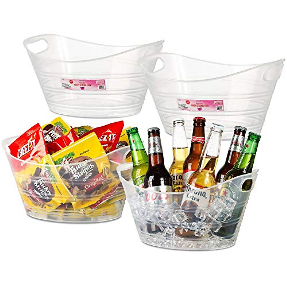 Zilpoo 4 Pack - Plastic Oval Storage Tub, 4.5 Liter Wine, Beer Bottle Drink Cooler, Parties Ice Bucket, Party Beverage Chiller Bin, Baskets, Clear