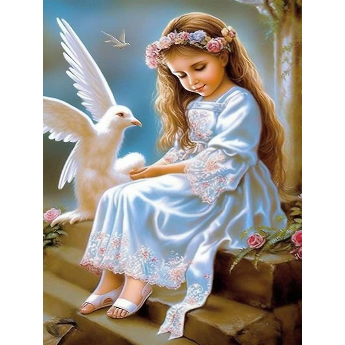 Sheehow 5D Diamond Painting Kits for Adults Angel Girl, Full Drill Diamond Art Pigeons, Gem Pictures by Numbers Art, DIY Cross Stitch Jewel Art Rhinestone Craft for Home Wall Decor 12X16 inch