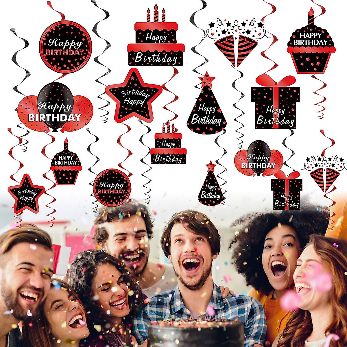 Red and Black Happy Birthday Decorations Hanging Swirls Party Supplies, 30Pcs Red Black Happy Birthday Foil Swirl Decor, 10th 16th 21st 30th 40th 50th 60th Ceiling Hanging Sign Decor
