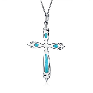 Bling Jewelry Vintage Western Style Spiritual Religious Blue Turquoise Gemstone Fleur De Lis Cross Pendant Necklace For Women Teen Oxidized .925 Sterling Silver