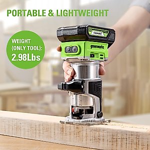 Greenworks 24V Cordless Trim Router, Variable Speed Brushless Motor Compact Palm Router with 2Ah Battery and Charger