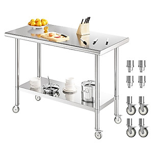 Food Prep Stainless Steel Table, Commercial Workbench with Caster Wheel, Heavy Duty Food Prep Worktable for Restaurant, Home and Hotel, Sliver (24" x 48" x 35")