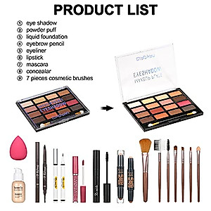 All in One Makeup Kit For Women Girls Teens 16 Colors Eyeshadow Palette Liquid Foundation Eyeliner Pencils Contouring Stick Lip Gloss Eyebrow Pencils Mascara Powder Puff 7Pcs Makeup Brushes Makeup Gift Sets