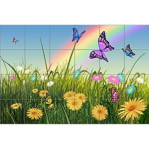 Rainbow Art Tile Mural Backsplash - End of The Rainbow by David Miller Ceramic Kitchen Shower Bathroom (48" x 32" - 8" Tiles)