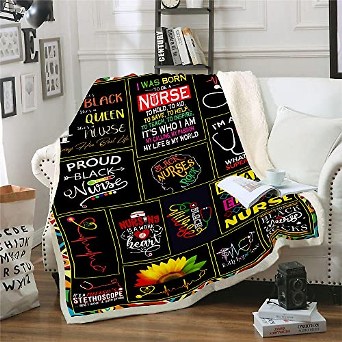 Nurse Gifts Nurse Christmas Birthday Gifts Throw Blanket, Retirement Gifts,RN Gifts for Black Nurses,Nurse Gifts for Women,School Nurse Gifts,Soft Fluffy Sherpa Warm Throw Blankets for Bed Office