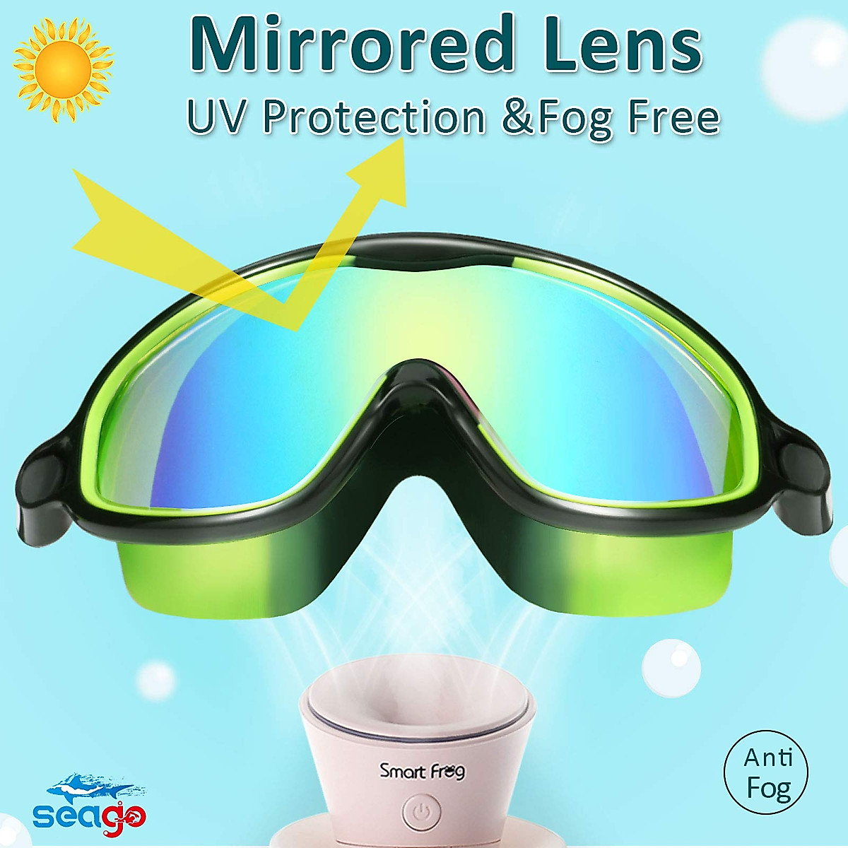 Seago Swim Goggles 2 Pack Anti-Fog Anti-UV Wide View UV Protection, Adjustable Swimming Goggles for Kids 3-15, Light Blue & Black, Green