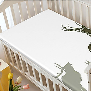 Antlers Themed Fitted Crib Sheet,Standard Crib Mattress Fitted Sheet Toddler Bed Mattress Sheets-Crib Mattress Sheet or Toddler Bed Sheet, 28“ x52“,Army Green Sage Green White