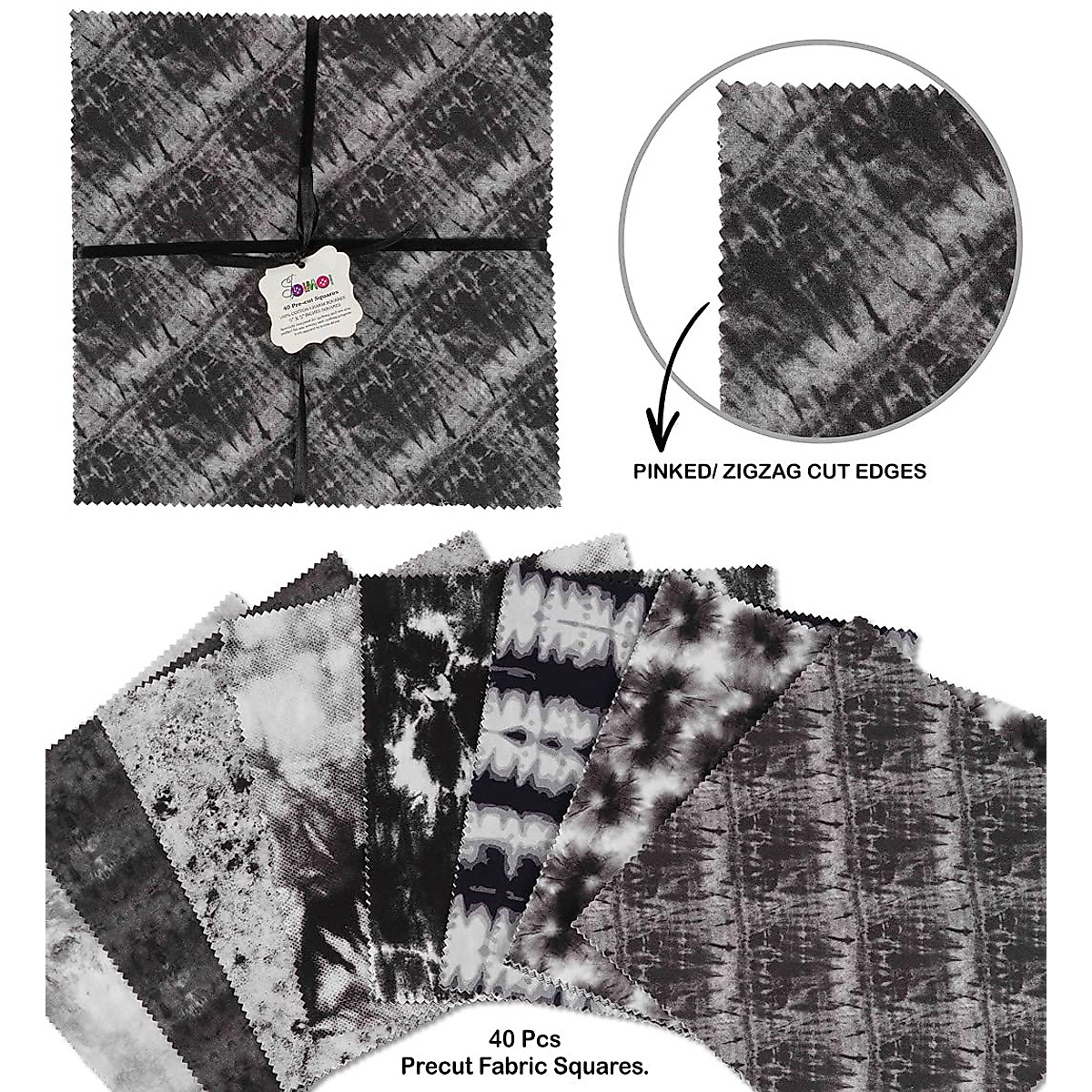 Soimoi Precut 10-inch Tie Dye Prints Cotton Fabric Bundle Quilting Squares Charm Pack DIY Patchwork Sewing Craft- Black