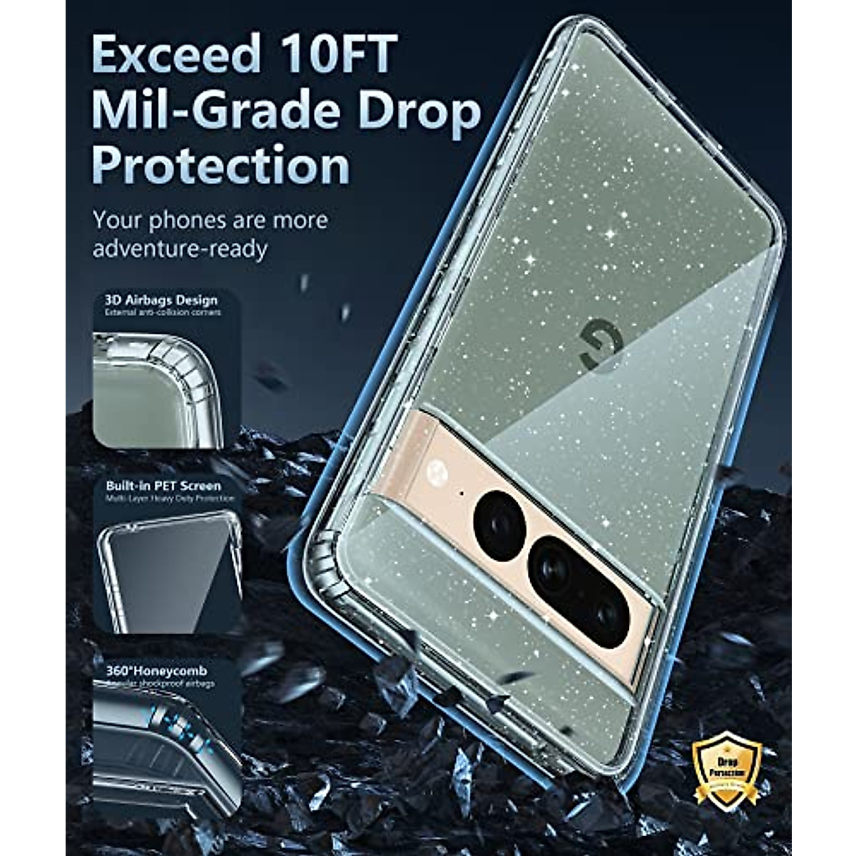 PUJUE for Google Pixel 7-Pro Clear Case: Pixel 7 Pro Dual Shockproof Protective Cell Case | Anti-Yellowing Silicone TPU | Full Protection Slim Bling | Clear Bumper Rubber Cell Phone Cover