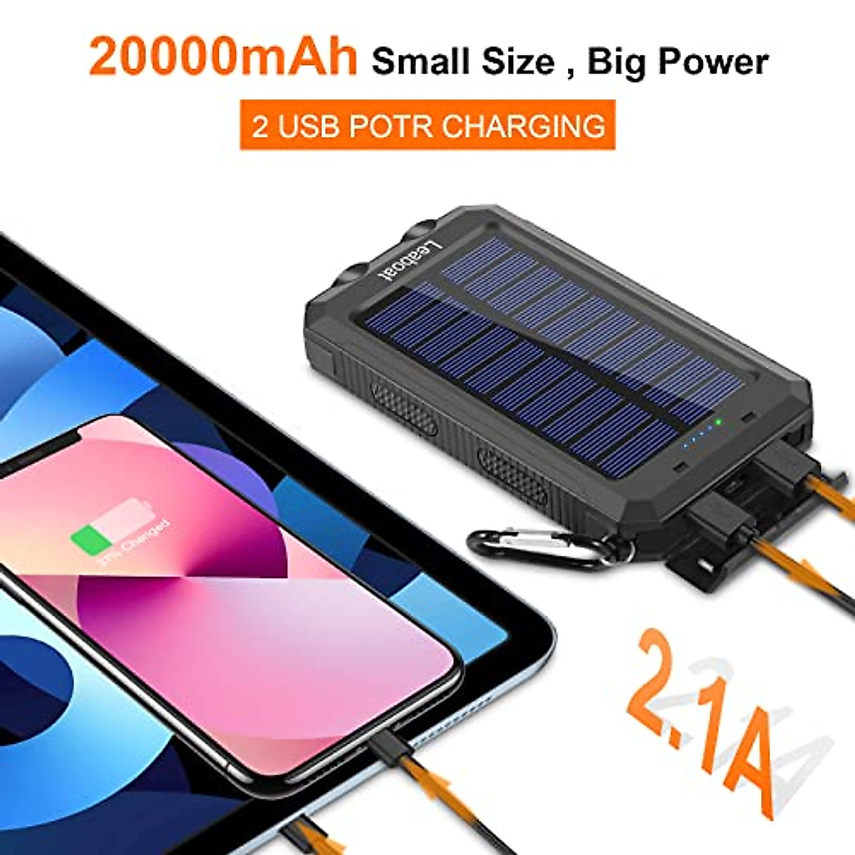 Solar Charger, Leaboat 20000mAh Portable Outdoor Waterproof Solar Power Bank, Camping External Backup Battery Pack Dual 5V USB Ports Output, 2 Led Light Flashlight with Compass (Black)