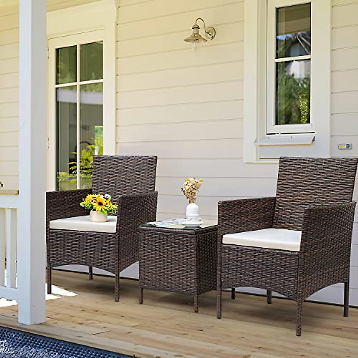 Rankok Patio Chairs Set of 2 Outdoor Front Porch Furniture Bistro Set 3 Piece Wicker Patio Chairs Balcony Furniture for Backyard Patio Balcony Lawn Pool (Brown)