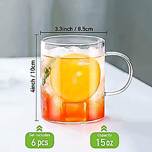 Glass Coffee Mugs Set of 6, Aoeoe 15 oz Large Coffee Mug, Wide Mouth Glass Mugs, Mocha Hot Beverage Mugs, Clear Espresso Cups with Handle, Glass Cup for Hot or Cold Latte, Cappuccino, Tea, Juice, Beer