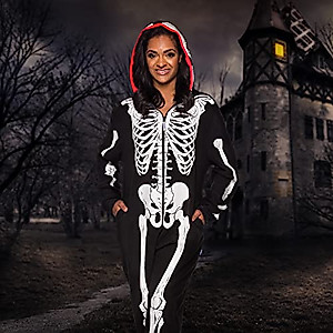 Funziez! Glow in the Dark Skeleton Adult Onesie - Halloween Costume - Plush One Piece Cosplay Suit for Adults, Women and Men