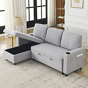 LUMISOL 78" Convertible Sleeper Sofa Pull Out Bed, L Shaped Sectional Sofa Bed with Cup Holders & Storage Pockets, Linen Sofa Couch Bed with Storage Chaise for Living Room, Grey