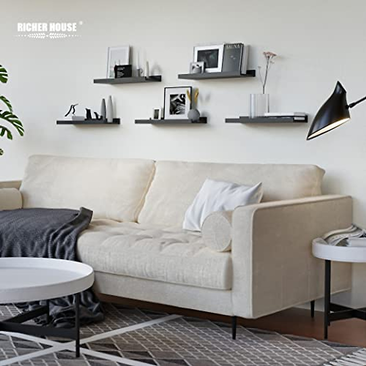 RICHER HOUSE 5 Set Floating Wall Mounted Shelves, Black Shelves for Wall Decor, Modern Picture Ledge Shelf with Lip for Storage, Nursery, Bedroom, Living Room, Bathroom - Black