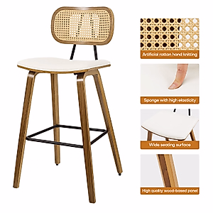 Counter Height Bar Stools Set of 2, Mid Century Modern Counter Stools, 26" Wood Kitchen Stool PU Leather Upholstered Barstool with Rattan Back, Counter Height Island Dining Bar Chair, Cream White