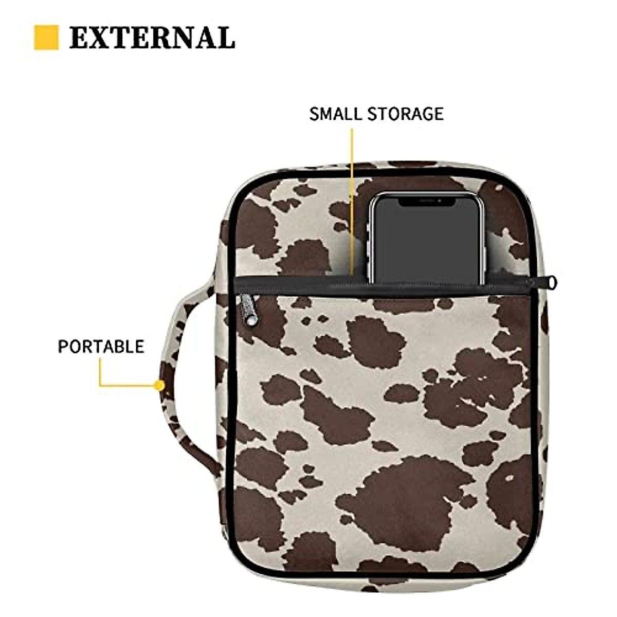 Veniyate Brown Cow Pattern Bible Cover Case Book Bag for Women Bible Case with Handle, Zipper Pocket Bible Tote Bag Church Handbags Christian Gifts