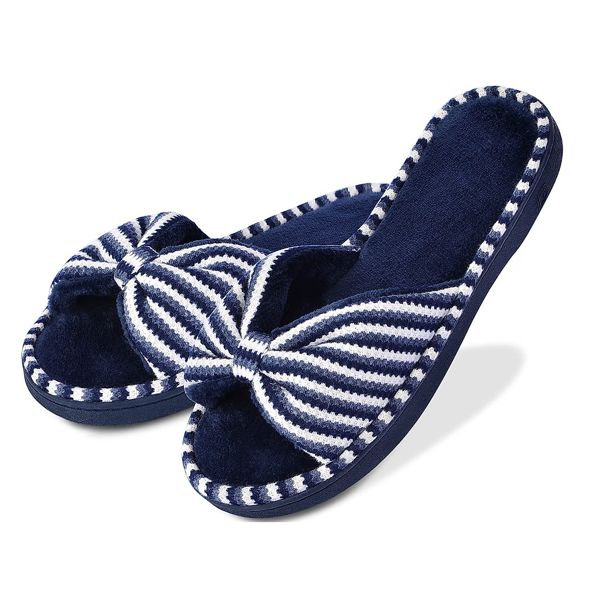 DL Women's Memory Foam Open Toe Slide Slippers with Cute Bow and Cozy Terry Lining, Slip-on House Shoes Spa Mules Sandals with Indoor Outdoor Rubber Sole, pink, 11-12