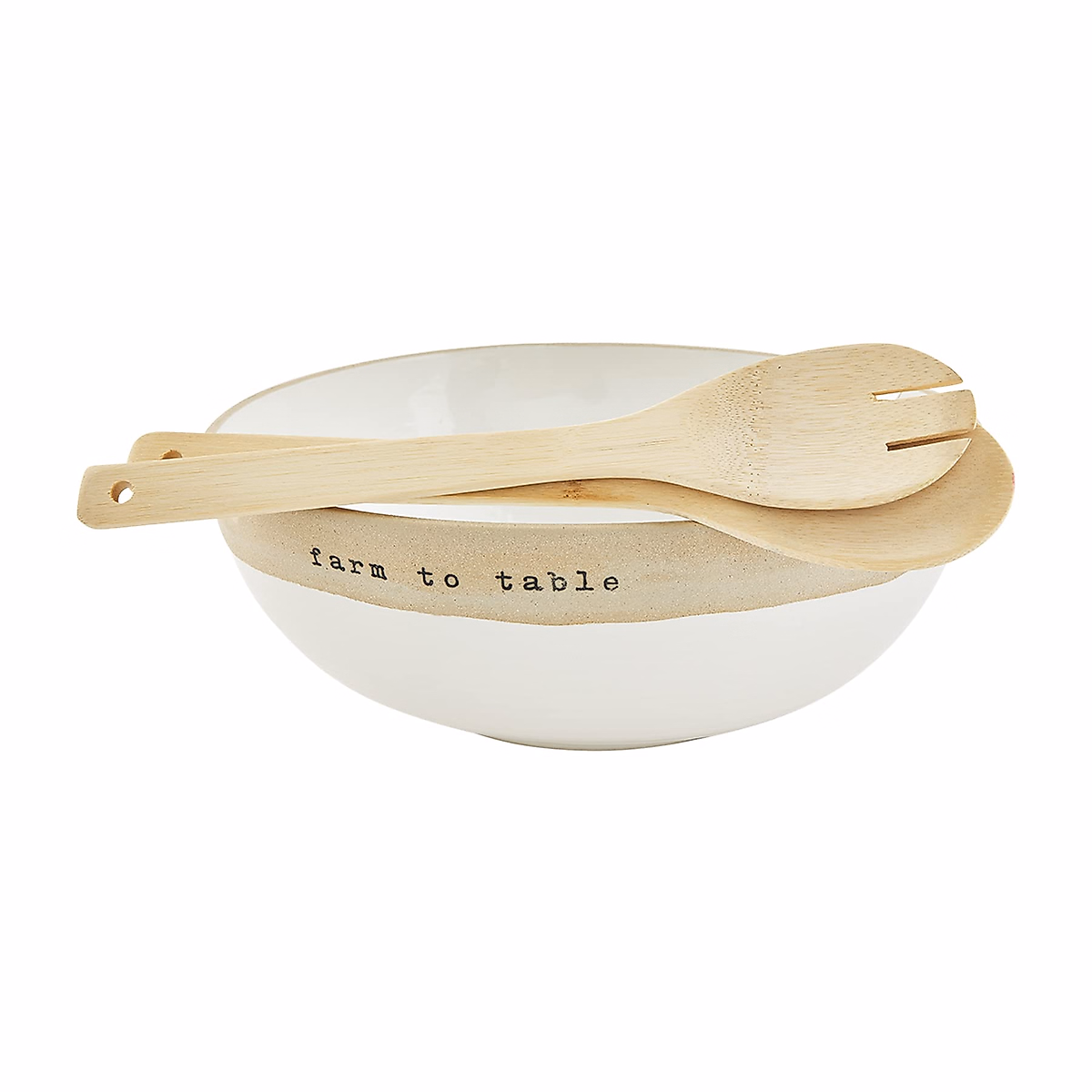 Mud Pie Stoneware Salad Bowl Set, White, bowl 4 1/2" x 12" dia | utensils 11 1/2"