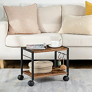 ALLOSWELL Mobile Printer Stand, 2-Tier Printer Cart with Storage, Under Desk Storage Rolling Cart on Wheels and 2 Hooks, Industrial Printer Table, for Home, Office, Scanner, Rustic Brown PTHR2001