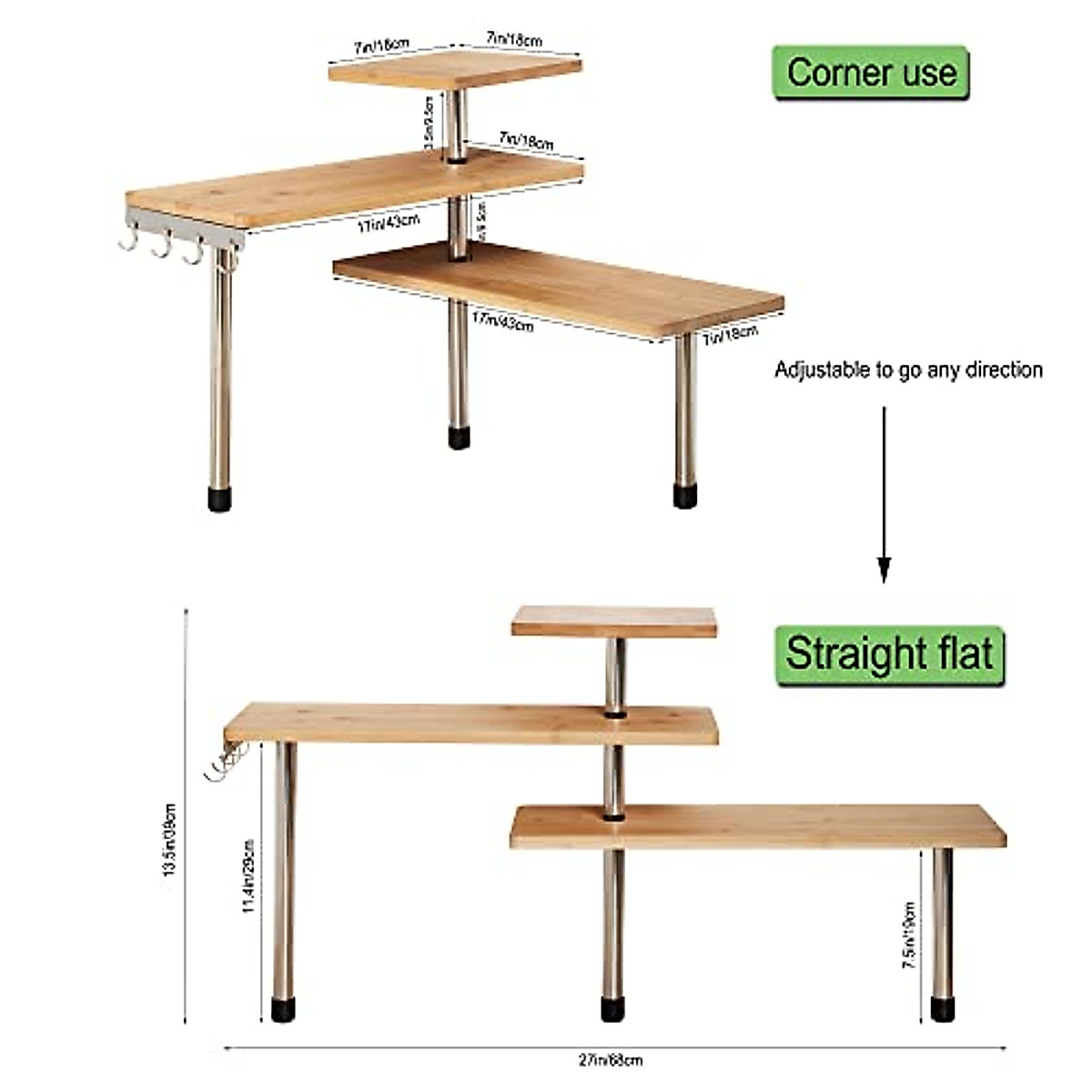 HAORUI 3 Tier Corner Shelf, Kitchen Countertop Organizer with Hooks, Desk Display Shelves, Adjustable Space Saving Spice Rack for Kitchen, Bedroom, Office