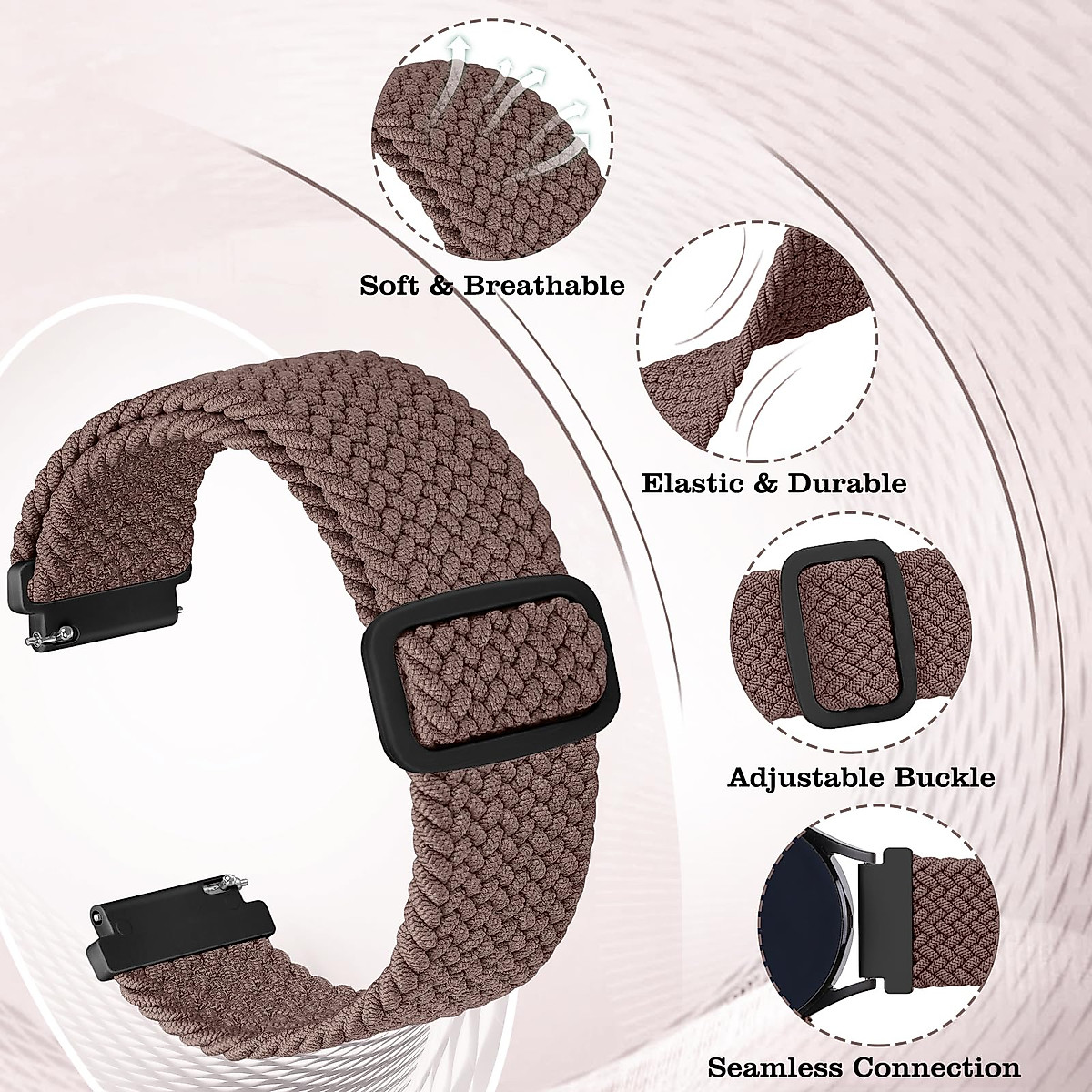 VNDAPT 20mm Elastic Braided Band Compatible with Samsung Galaxy Watch 6/5/4 40mm 44mm,Galaxy Watch 6 Classic/Watch 4 Classic, Adjustable Stretchy Sport Strap for Galaxy Active 2 40mm 44mm/Watch 3 41mm