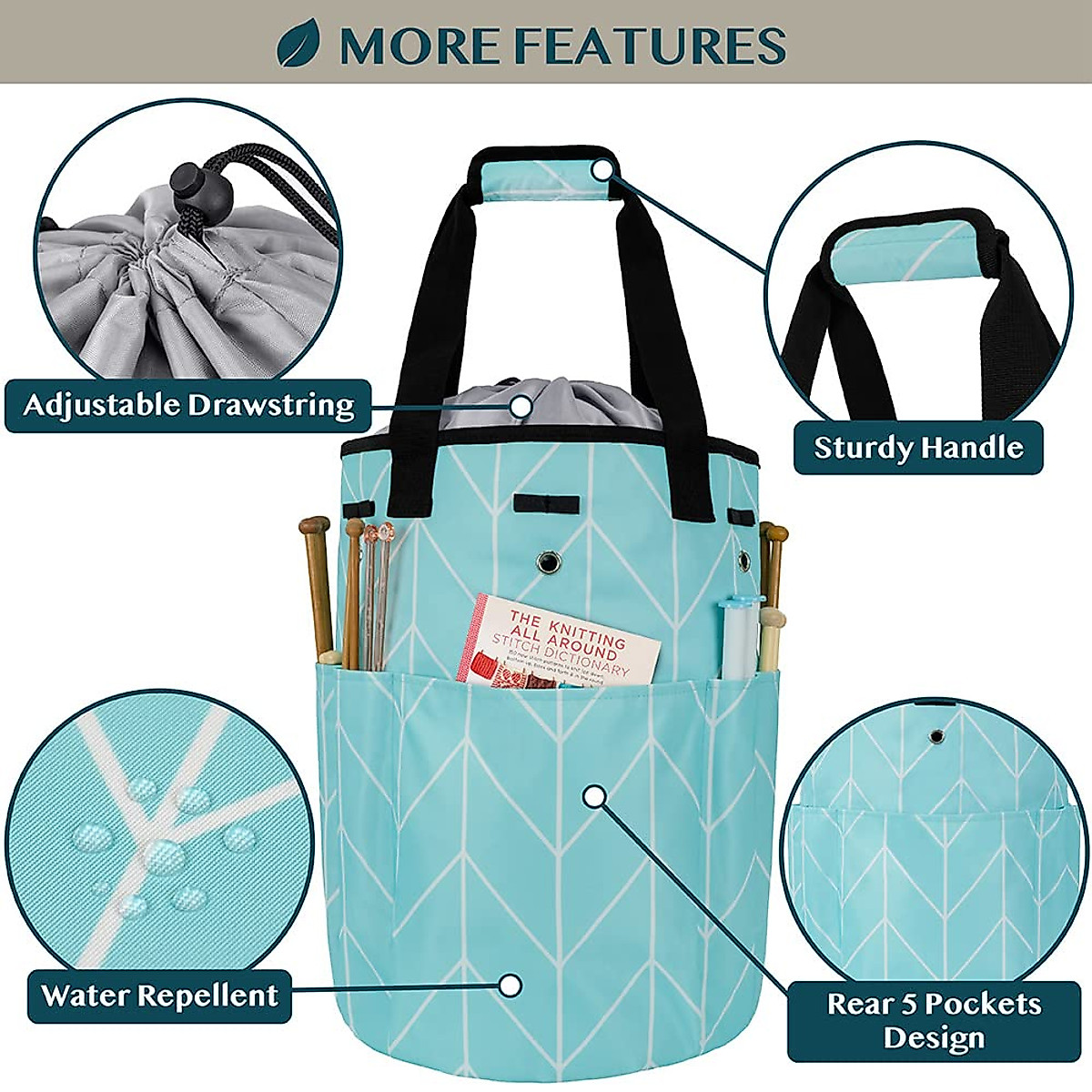 PAVILIA Crochet Bag Knitting Bag Organizer, Yarn Bag Storage Tote for Crocheting On The Go, Knitting Accessories Supplies Holder with Grommets, Gift for Crochet Lovers Knitters (Chevron Teal)