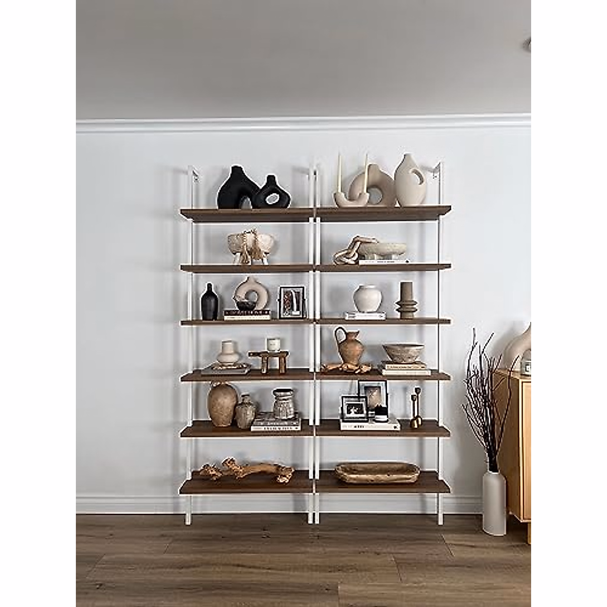 Nathan James Theo 6-Shelf Tall Bookcase, Wall Mount Bookshelf with Natural Wood Finish and Industrial Metal Frame, Rustic Oak/White
