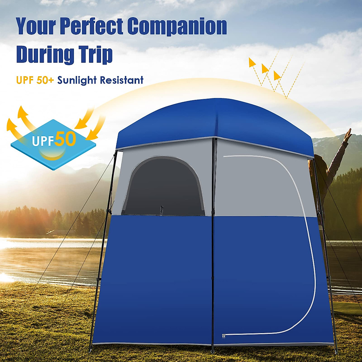 Tangkula Double-Room Shower Tent, Oversize Space Privacy Tent for Camping with Floor, Portable Camping Changing Tent with Removable Rain Fly, Storage Bag for Dressing, Toilet