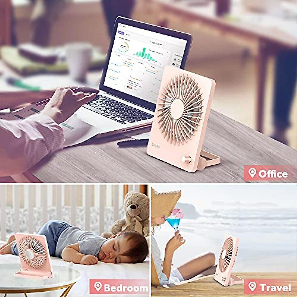 EasyAcc Portable Desk Fan Desktop Fan, 3350 Battery Operated Fan 6-Inch Foldable Travel Fan [ Ultra-Quiet Step-less Speed Control ] 160°Tilt Standing Hanging Fan for Travel Office Home Outdoor