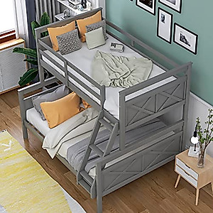 Twin Over Full Bunk Bed,Solid Pinewood Bedframe w/Safety Guardrails and Ladder,Can Be Separated into 2 Beds,for Dorm,Bedroom,Guest Room Furniture,No Box Spring Needed,Gray