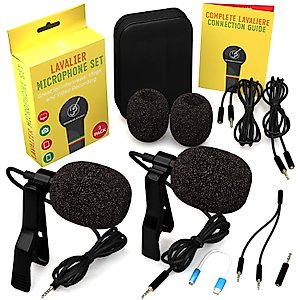 Lavalier Microphone 2 Pack Bundle - Omnidirectional Lapel Mic with Clip-On Suitable for iPhone, Android, Samsung, GoPro, DSLR - Professional Lapel Mic for YouTube and Vlogging