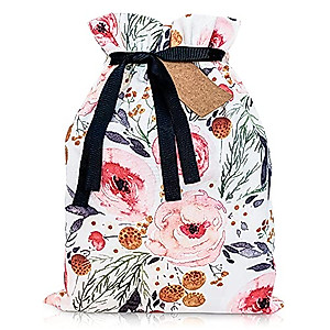 Gather & Knot Drawstring Gift Bags | 16" Medium | Premium Canvas | Reusable Fabric Wrap for Valentines, Weddings, Bridesmaids, Birthdays - All Occasion | Pink Floral