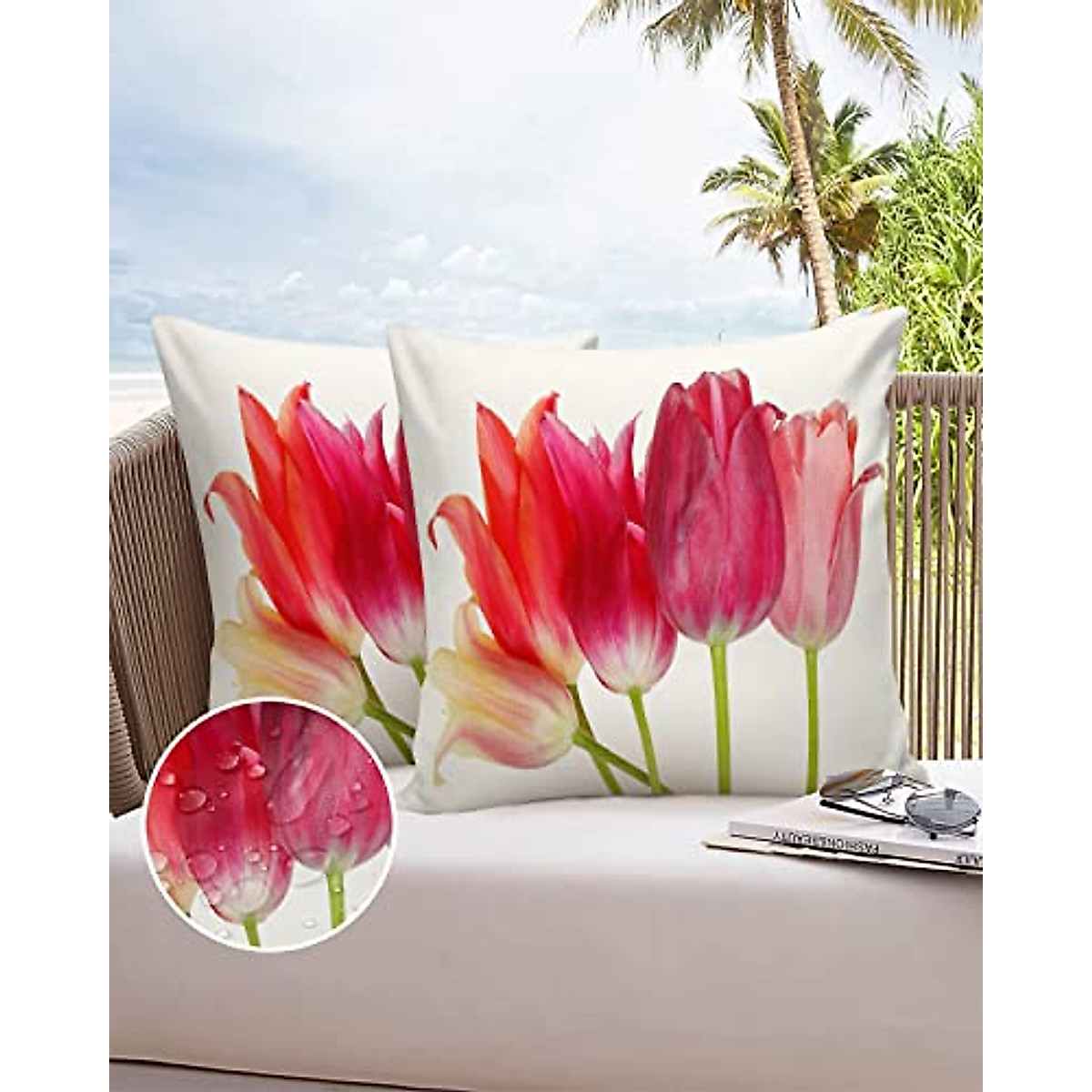 Outdoor Waterproof Throw Pillow Covers Set of 2, Elegant Tulip Flower Outdoor Pillow Covers Decorative Cushion Covers for Patio Funiture Garden, 18 x 18 Inches, Floral Pink Red