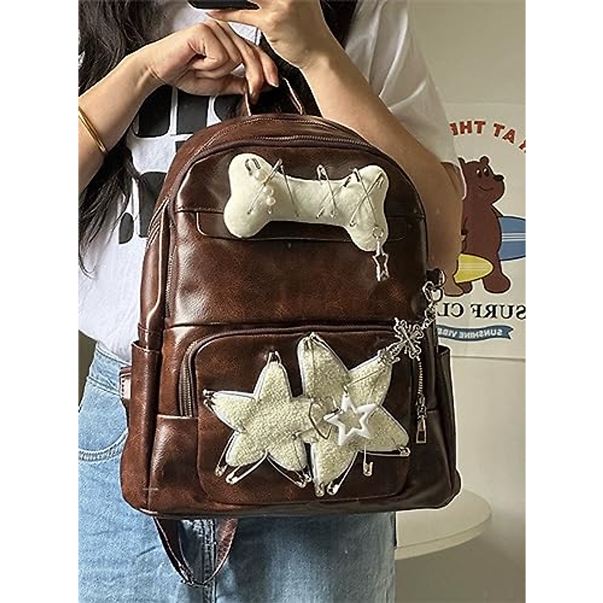 JHTPSLR Y2K Gothic Backpack Vintage Aesthetic PU Leather Backpack Y2K Gothic Accessories Backpack Grunge Y2K Backpack Trendy Backpack (Retro Brown)