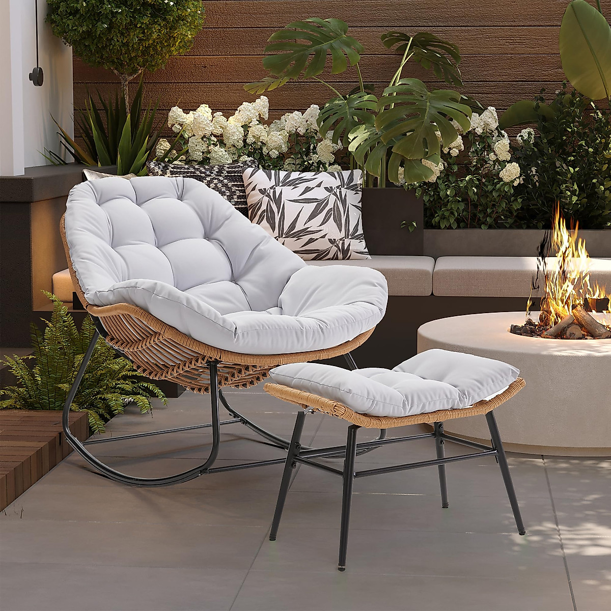 Apepro Wicker Rocking Chair with Footstool,Patio Rocking Chairs with Thickened Cushions,Outdoor Rocking Chair Glider Rocking Chair,Light Grey