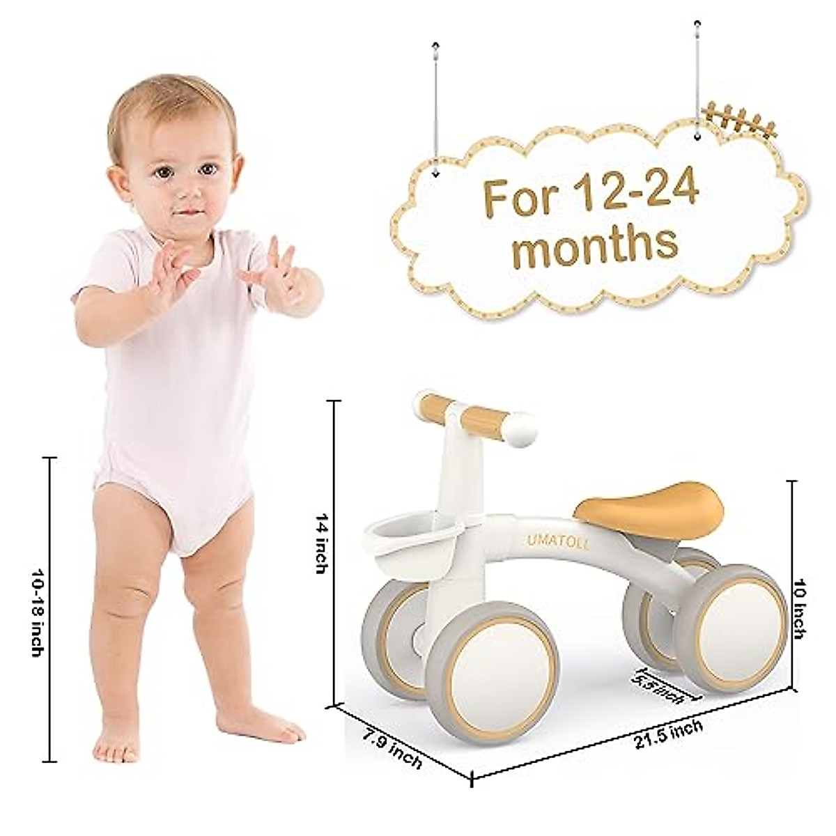 Umatoll Baby Balance Bike for 1 Year Old Boys Girls, 12-24 Months Toddler Balance Bike with Removable Basket, Adjustable Seat, 4 Wheels Infant Bike, First Birthday Gift, White