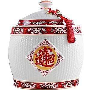 Classic Food Dispensers Ceramic Rice Bucket with Tassel Design, Household Rice Storage Box with Lid, Chinese Sealed Large-Capacity Rice Pot, 4-12.5KG/141-441 OZ