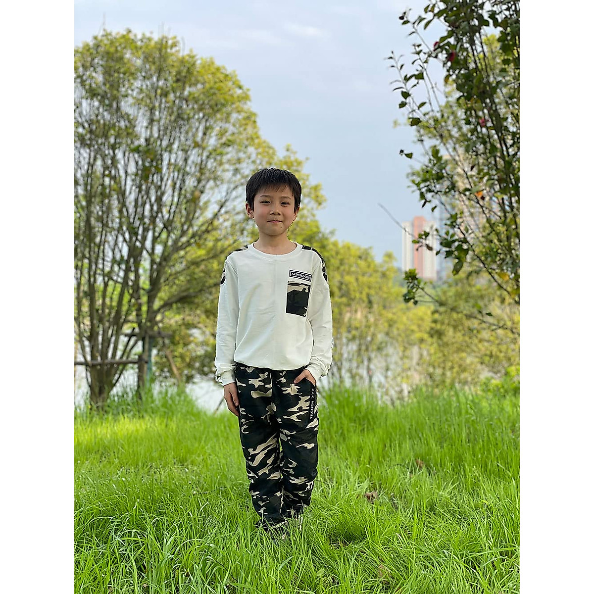 lontakids Boys Camouflage Outfit Teen Long Sleeve T-Shirt + Trousers Clothes Set (4/5, White)