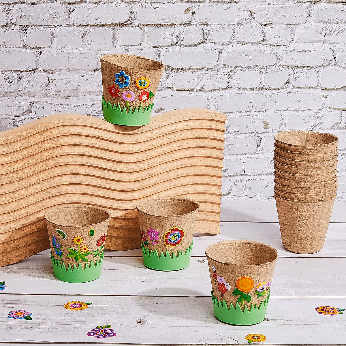 Gueevin 50 Pack Garden Paper Pot Craft Kit Flower Plant Spring Craft Including Peat Plant Pots Adhesive Foam Stickers Pot Stickers EVA Grass for Kids DIY Craft Flower Planting Growing