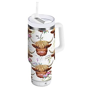 RPLIFE Cute Highland Cow Stainless Steel Coffee Tumbler, Insulated Cup with Straw, Tumbler for Men